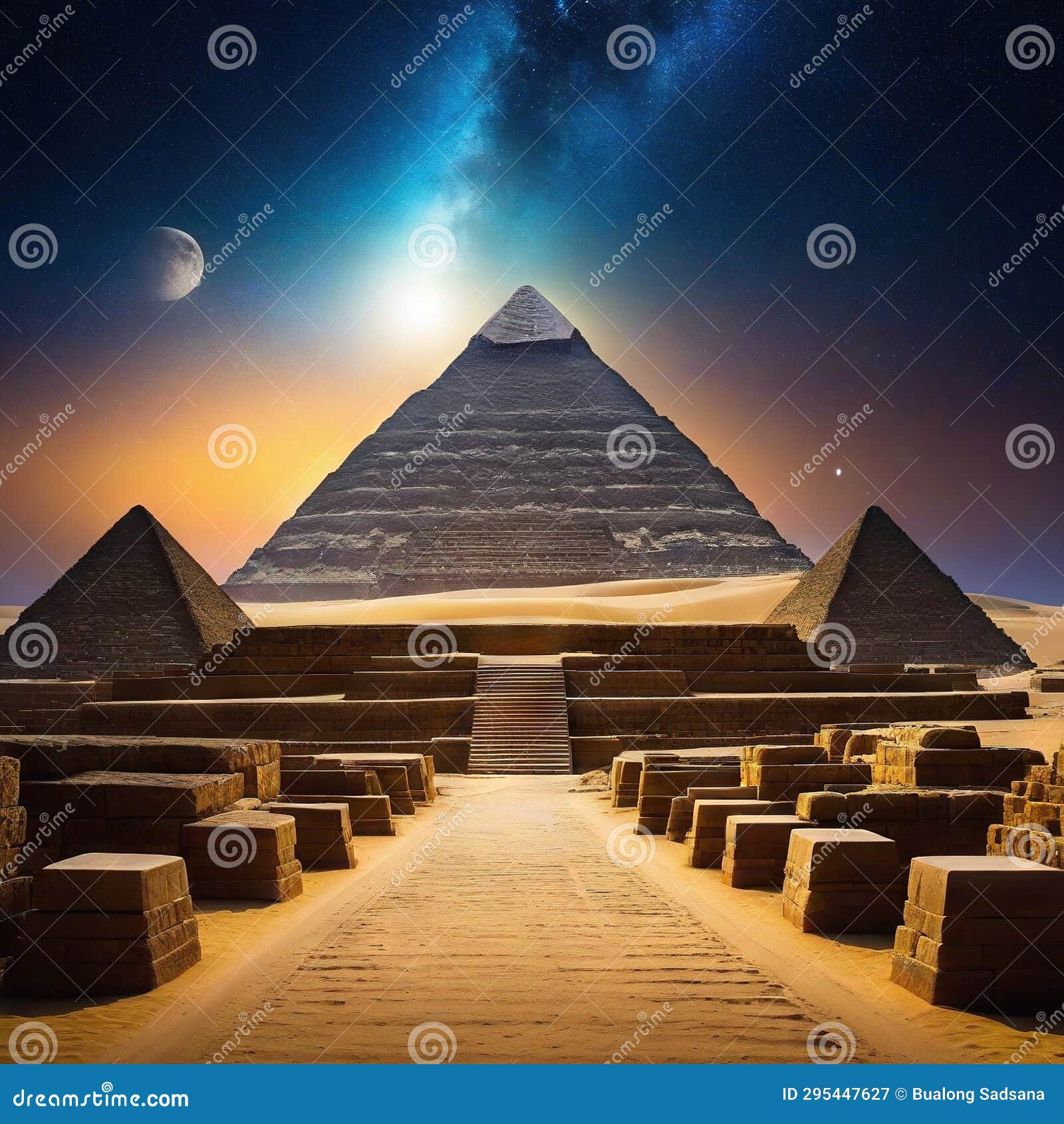 View of Ancient Pyramids at Under a Starry Stock Illustration ...