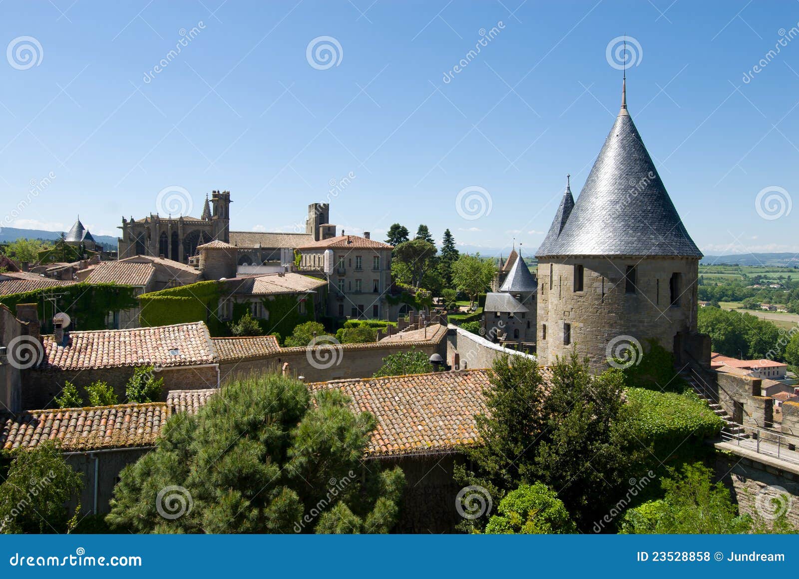 View of Ancient Watchtower and Church in Carcasson Stock Photo - Image ...