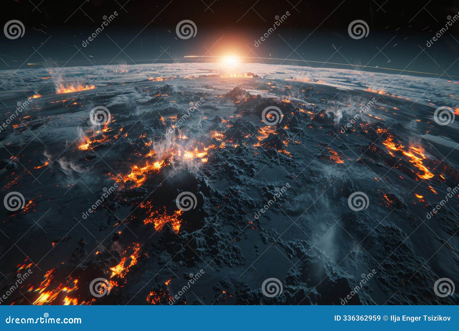 View of Apocalyptic Earth in Space Explosions, Fire, and Destruction on ...