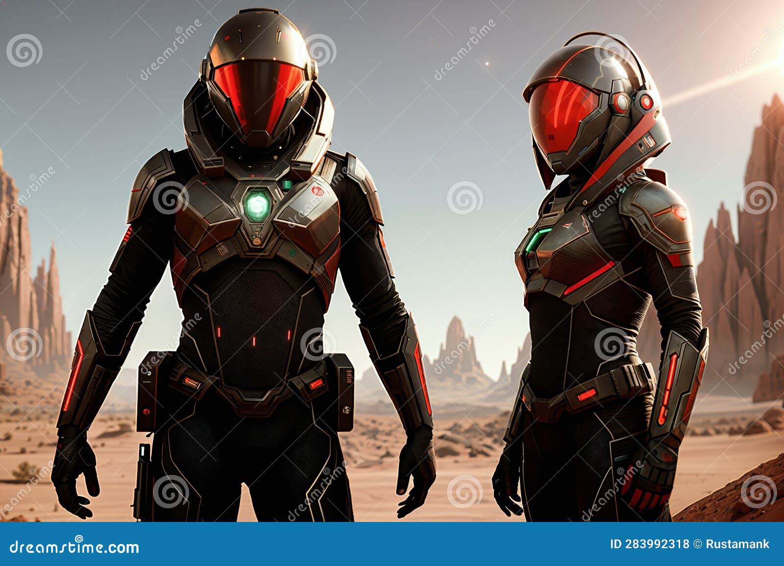 View of the Astronauts Man and Woman in Spacesuits Standing on the ...