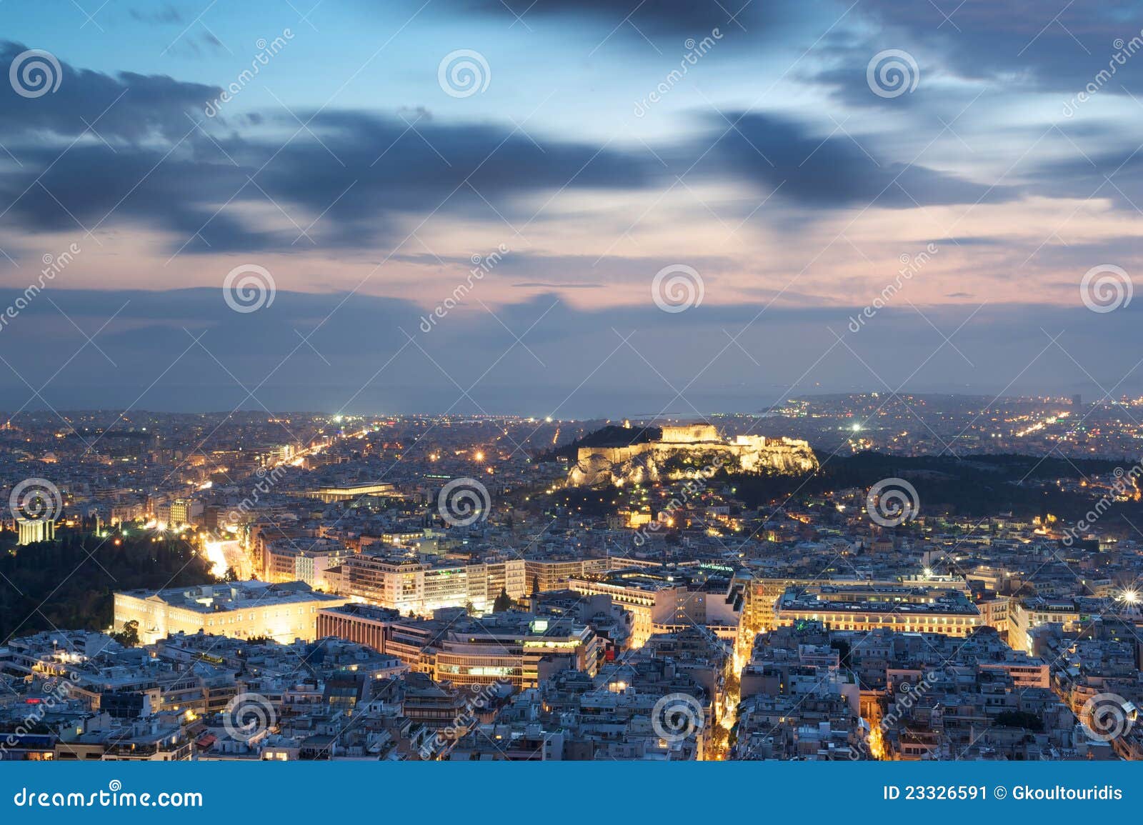 View of Athens and Acropolis from Above Stock Image - Image of lights ...