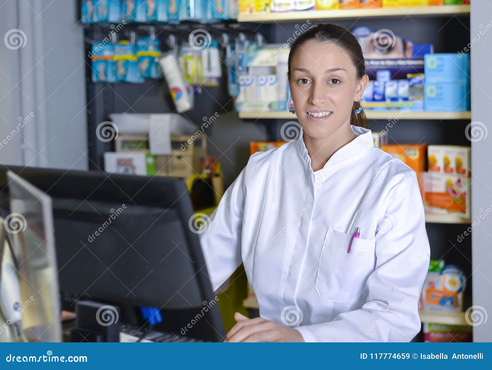View of an Attractive Pharmacist at Work Stock Image - Image of monitor ...