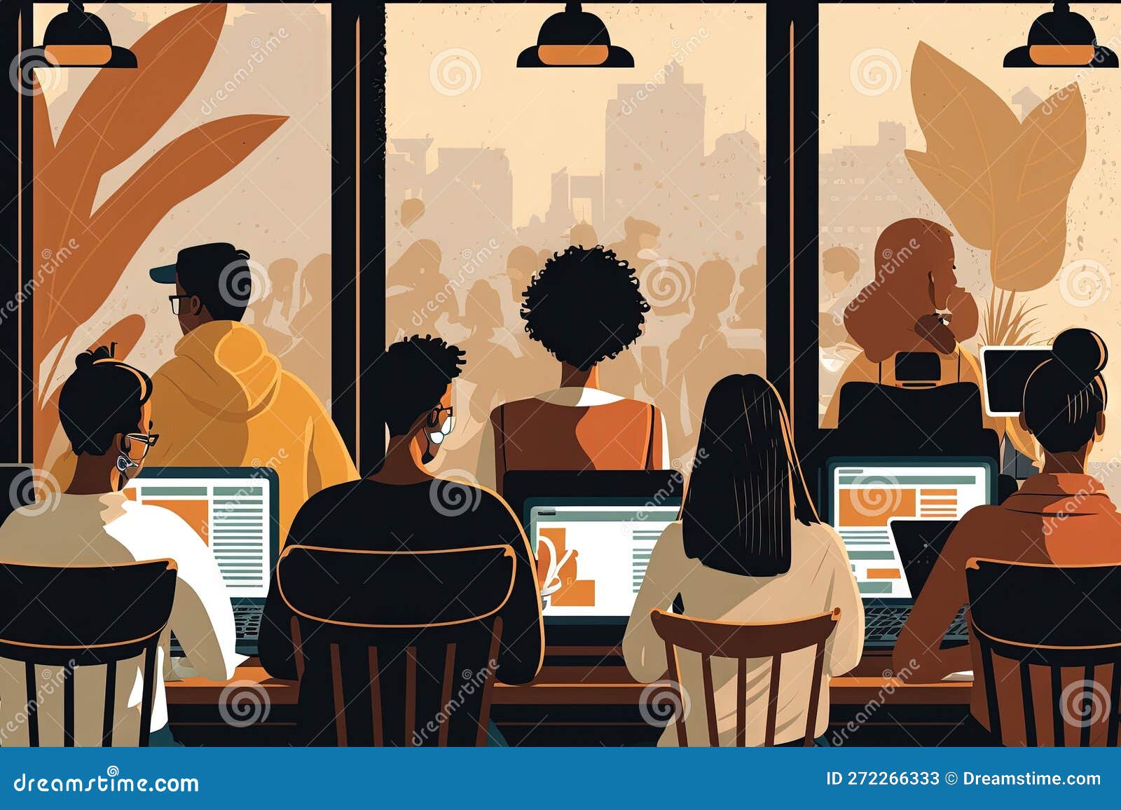 View from the Back of a Diverse Group of People Working Remotely from ...