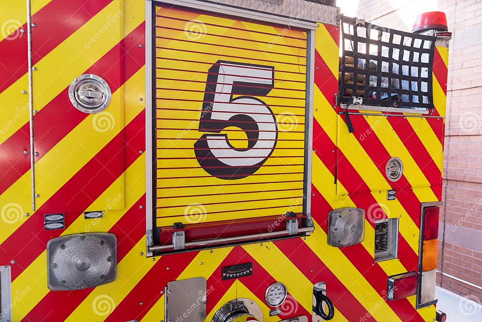 View of the Back of a Fire Engine Ready To Respond To Emergencies Stock ...