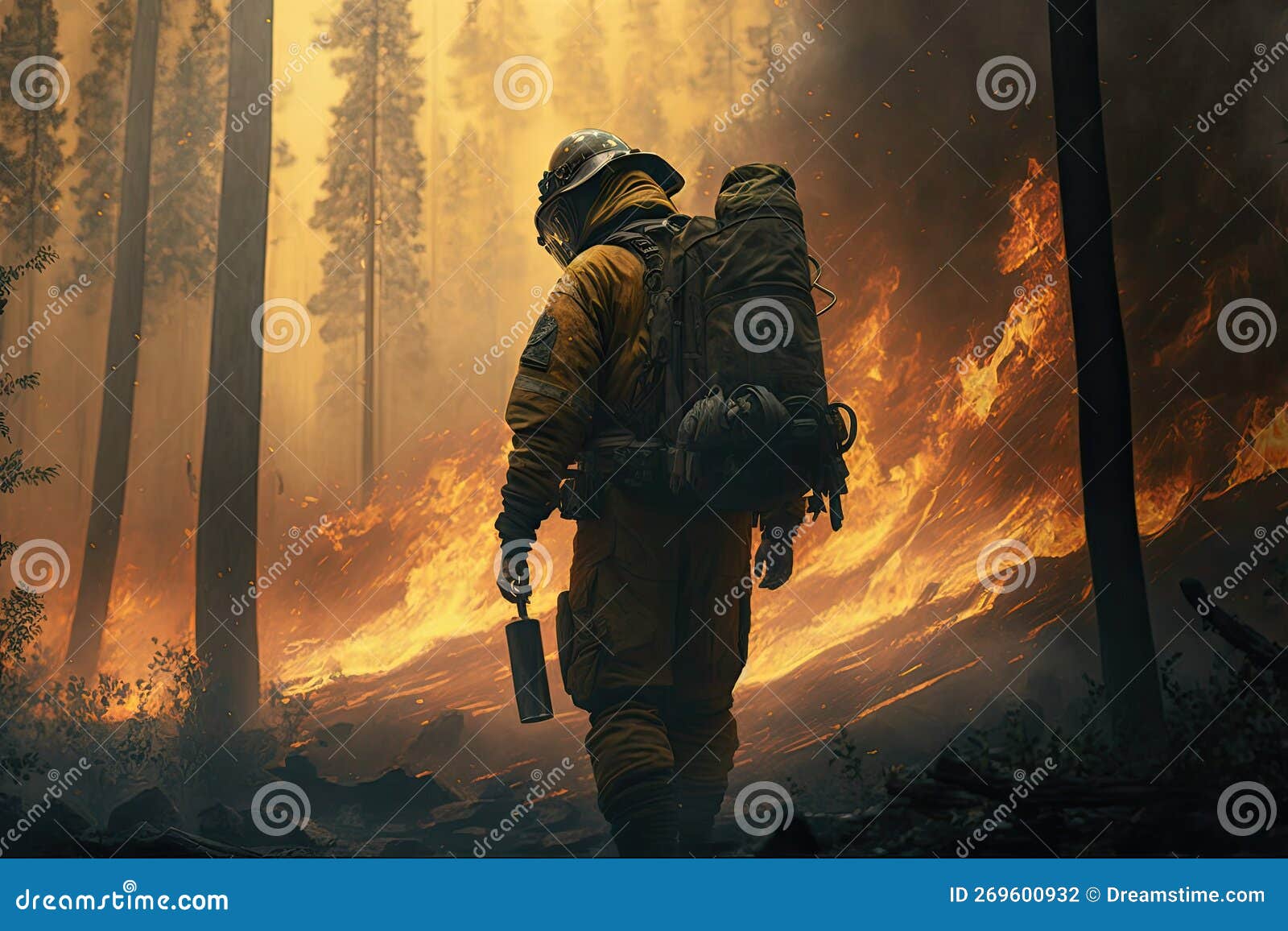 A Lifeguard In A Burning Forest Puts Out A Fire. Generative AI Stock ...