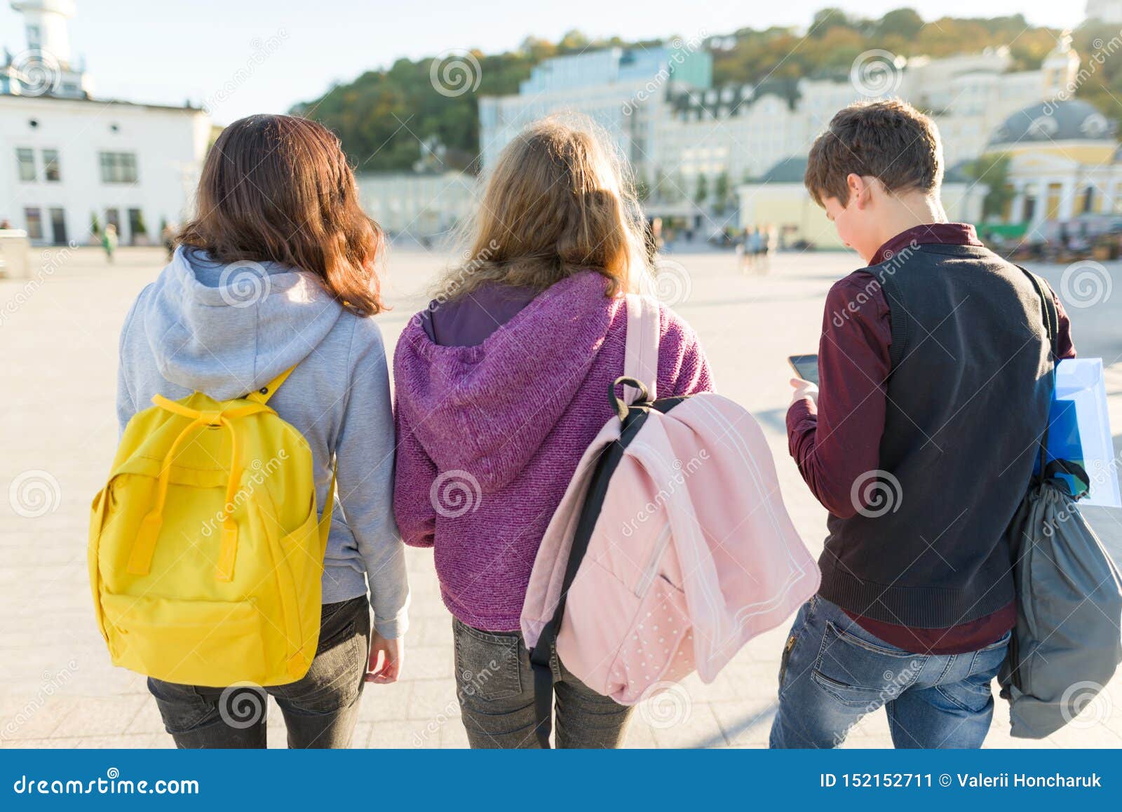 View from the Back on Three High School Students with Backpacks Stock ...