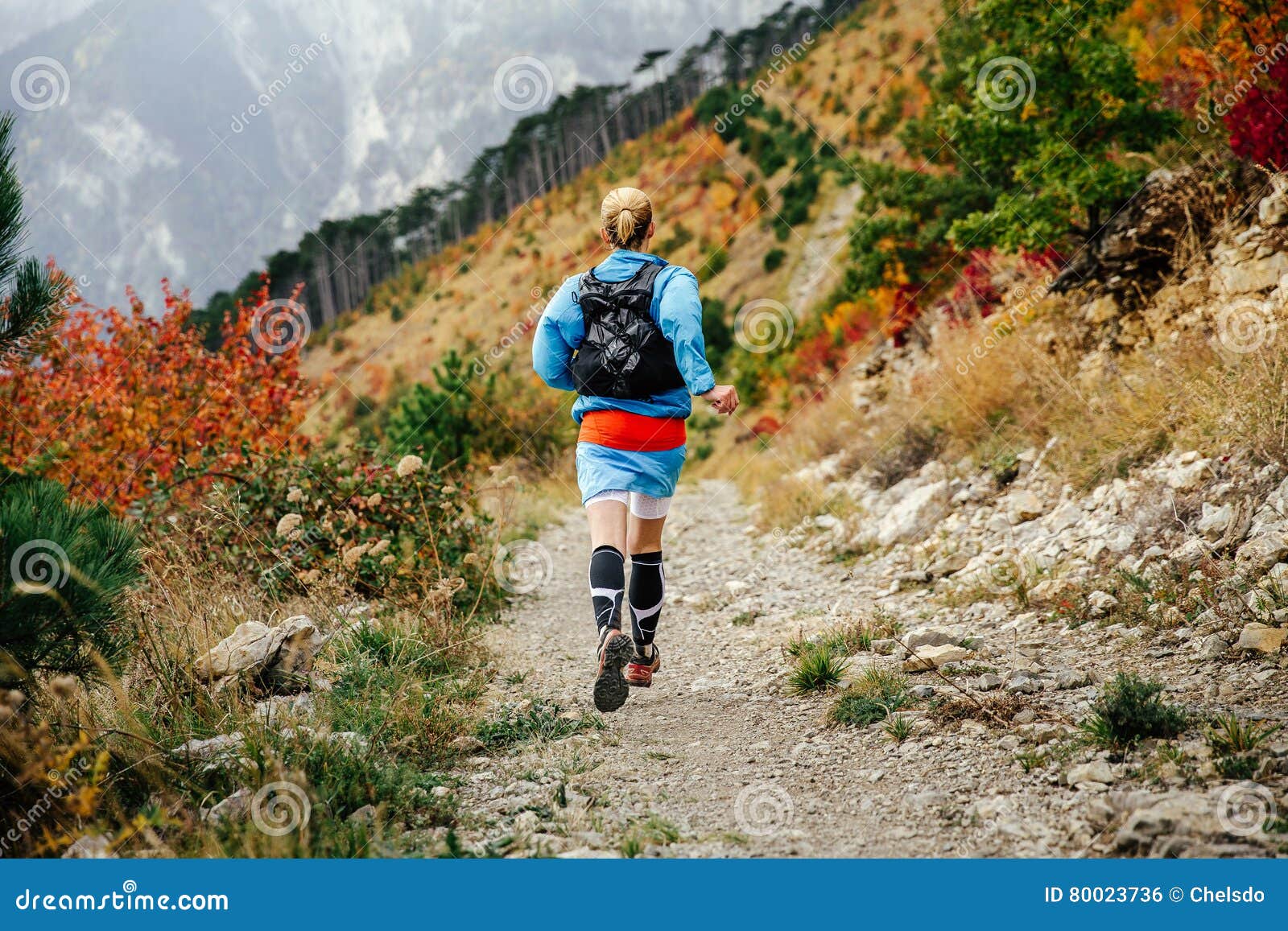 View Back Young Female Runner Runs Mountain Trail Editorial Photo ...
