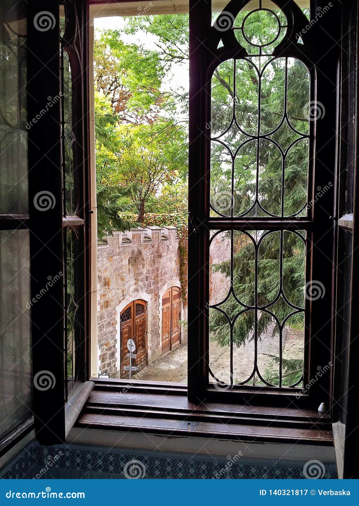 View of the Backyard through a Half-open Window in the Castle Stock ...