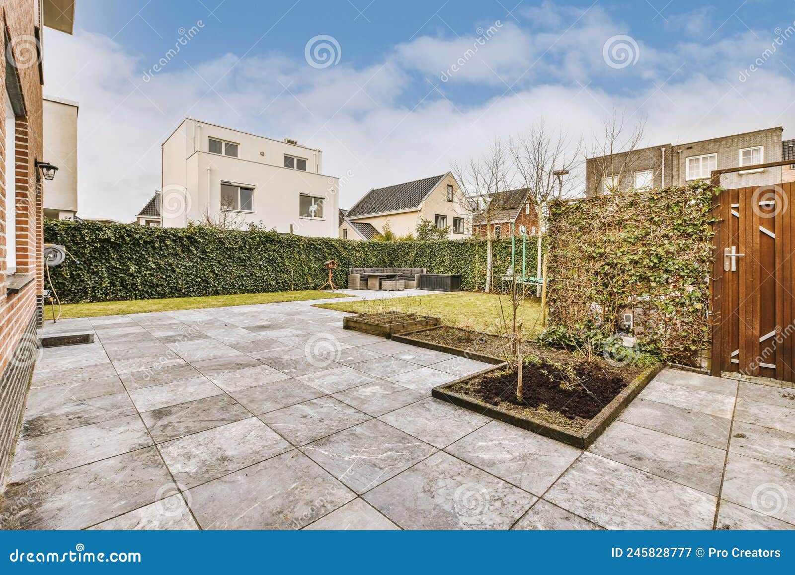 View of backyard stock image. Image of blue, grass, yard - 245828777