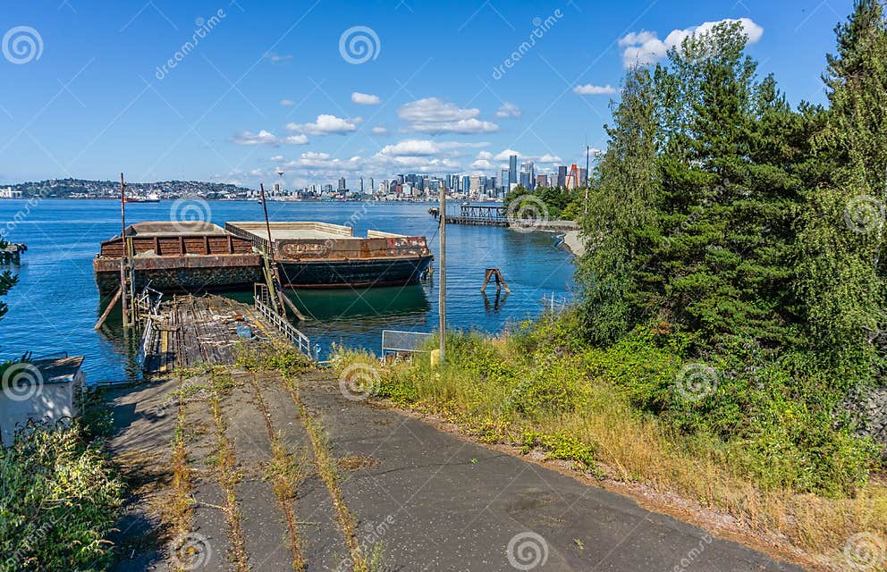 Barge and Skyline stock photo. Image of port, seattle - 193225880