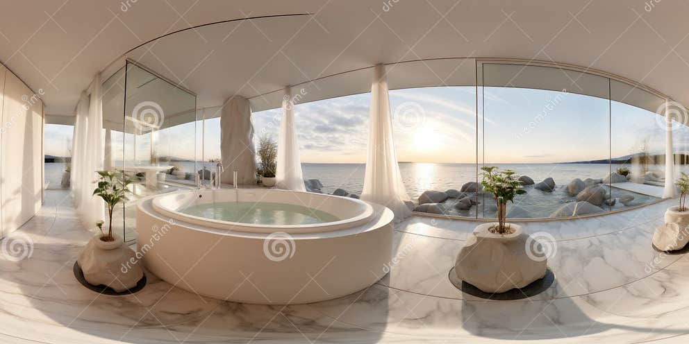 A 360 - View of a Bathroom with an Ocean in the Background, AI Stock Photo - Image of material ...