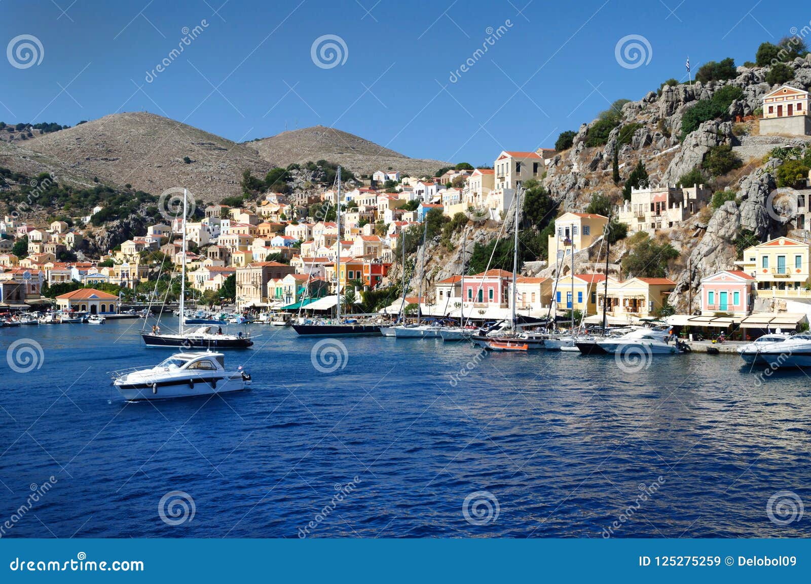 View of the Bay and the Waterfront of Simi Island. Stock Image - Image ...