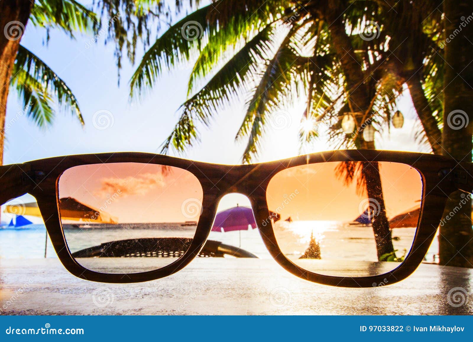 View on Beach through Sunglasses Stock Photo - Image of orange, coconut ...