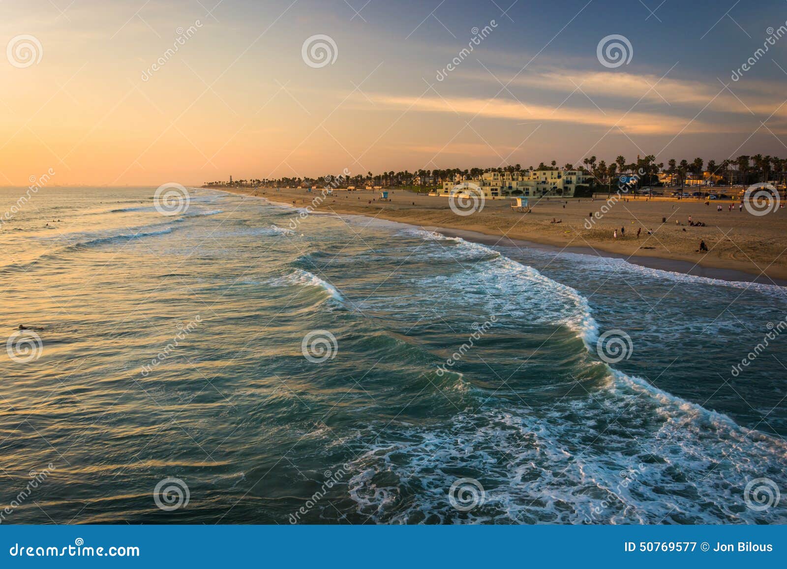 View of the Beach at Sunset, in Huntington Beach Stock Image - Image of ...