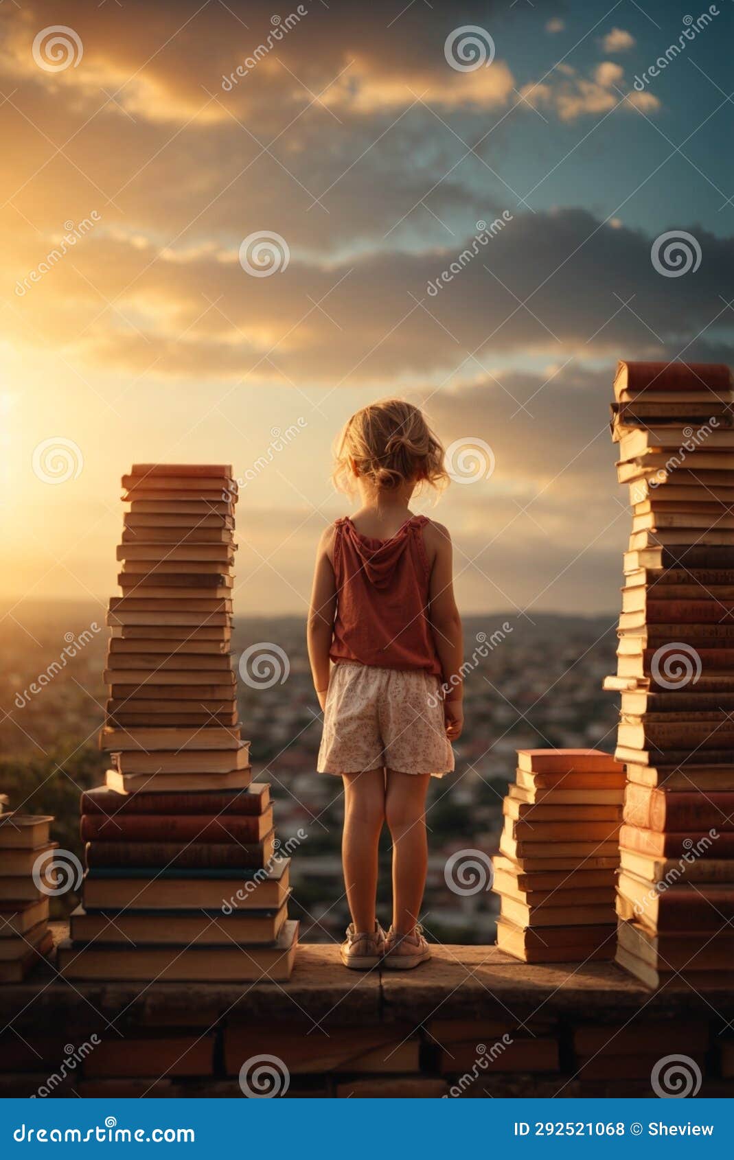 View from Behind of Cute Child on Stack of Books at Sunset, AI ...