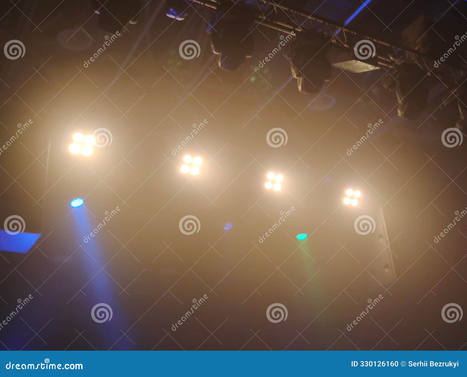 View from Below on the Brightly Lit Concert Stage. only the Ceiling of ...