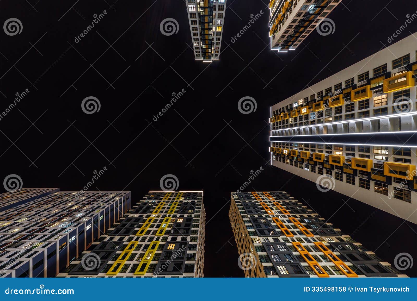 View from Below into Night Sky of Large Modern Skyscraper Residential ...