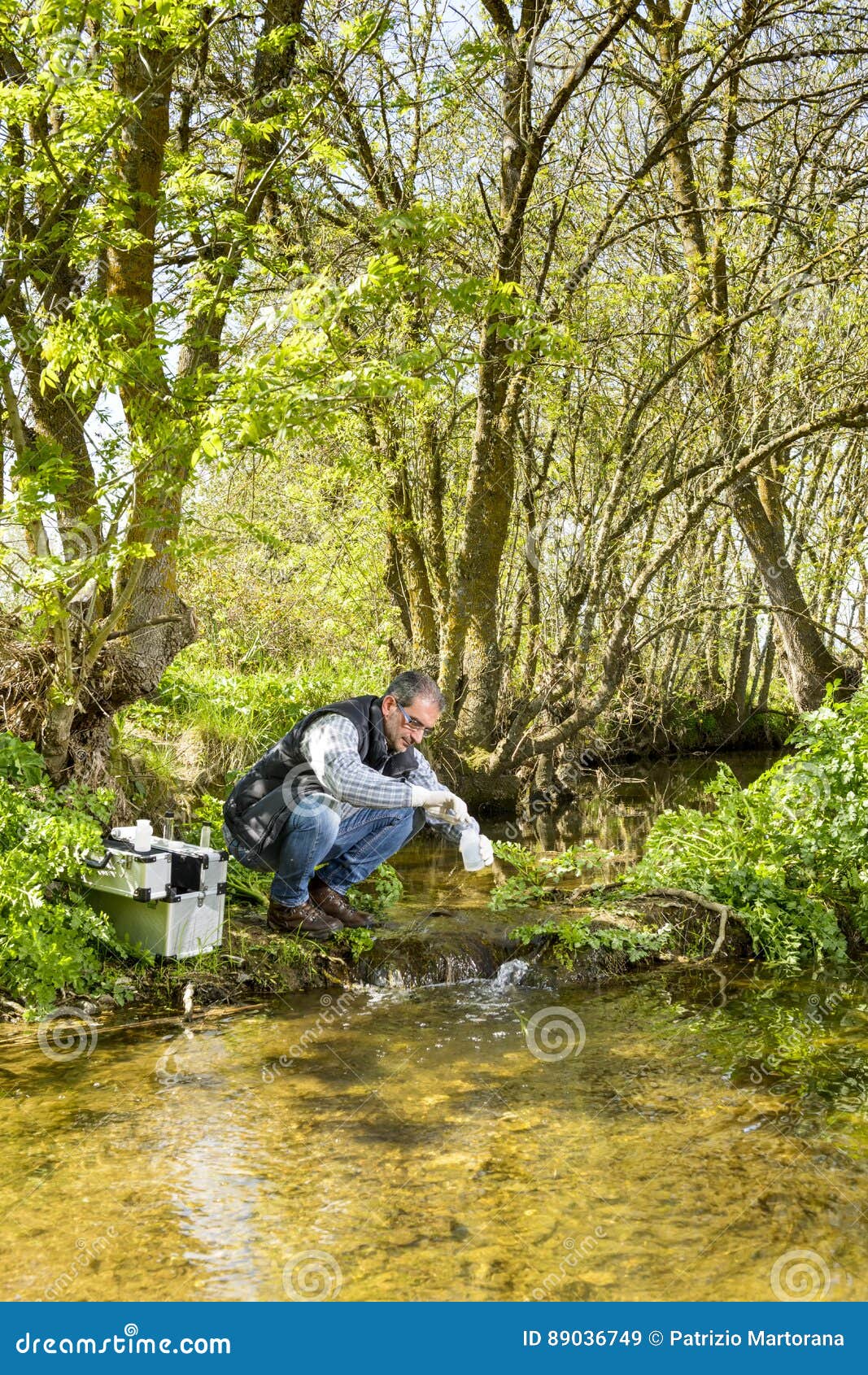 View of a Biologist Take a Sample in a River. Stock Image - Image of ...
