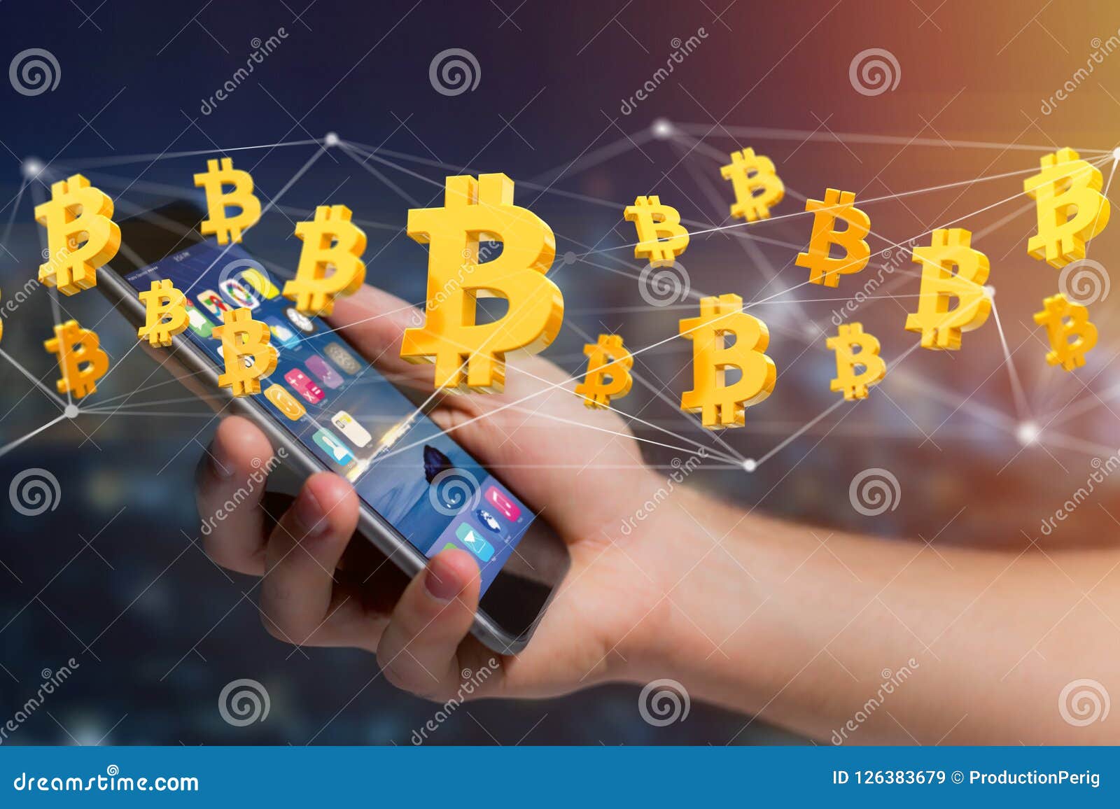 Bitcoin Sign Flying Around a Network Connection - 3d Render Stock ...
