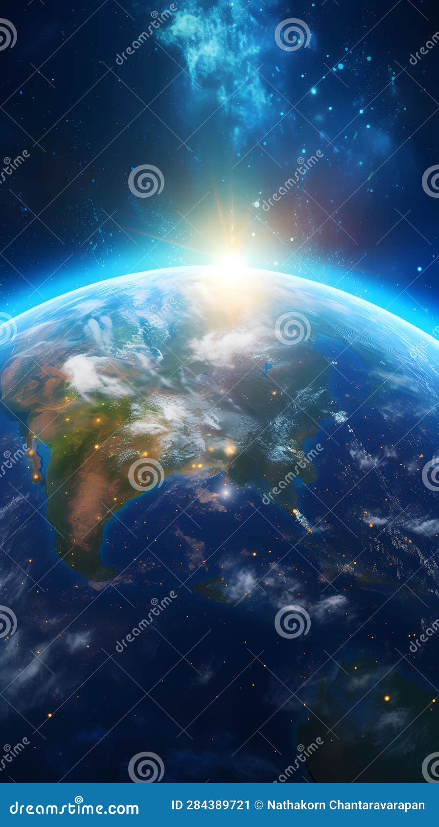 View of Blue Earth with Sun Rising from Space, with Explorer Stock ...