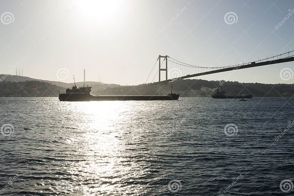 A View of Bosphorus Istanbul and Big Ships Passing by the Bridge Stock ...