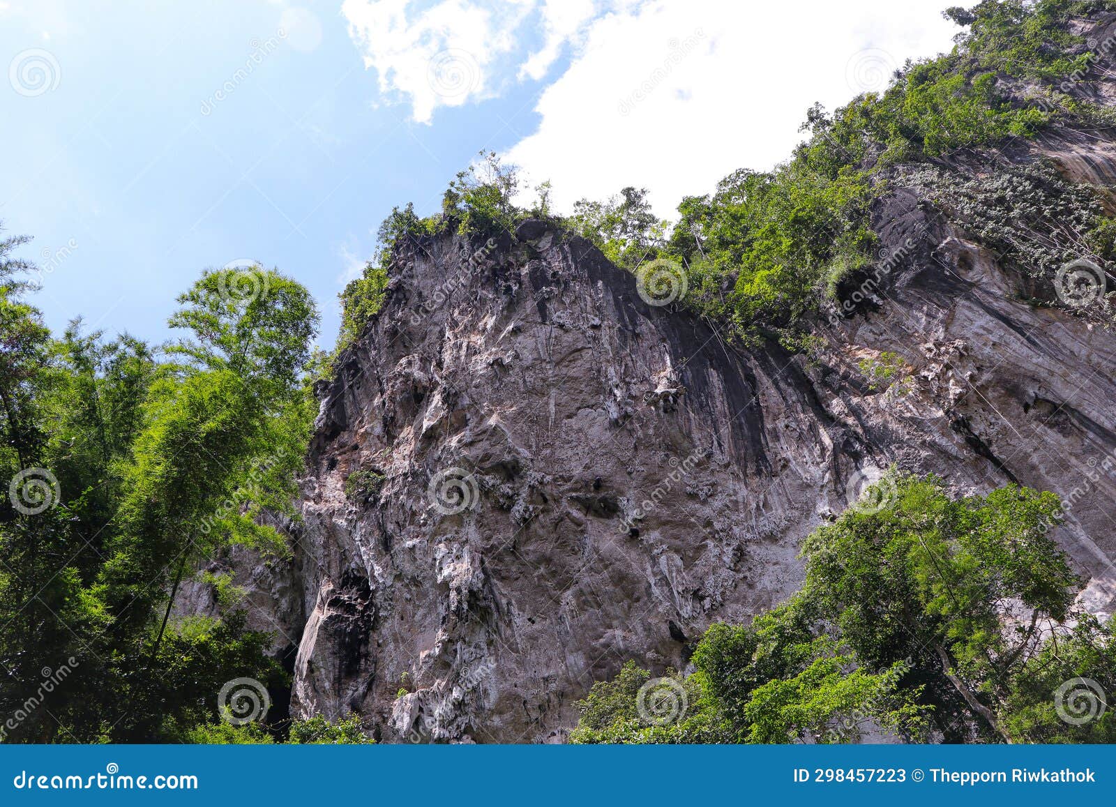 View from Bottom of Cliff. Mountain Peak and Clear Sky, Green Tree with ...