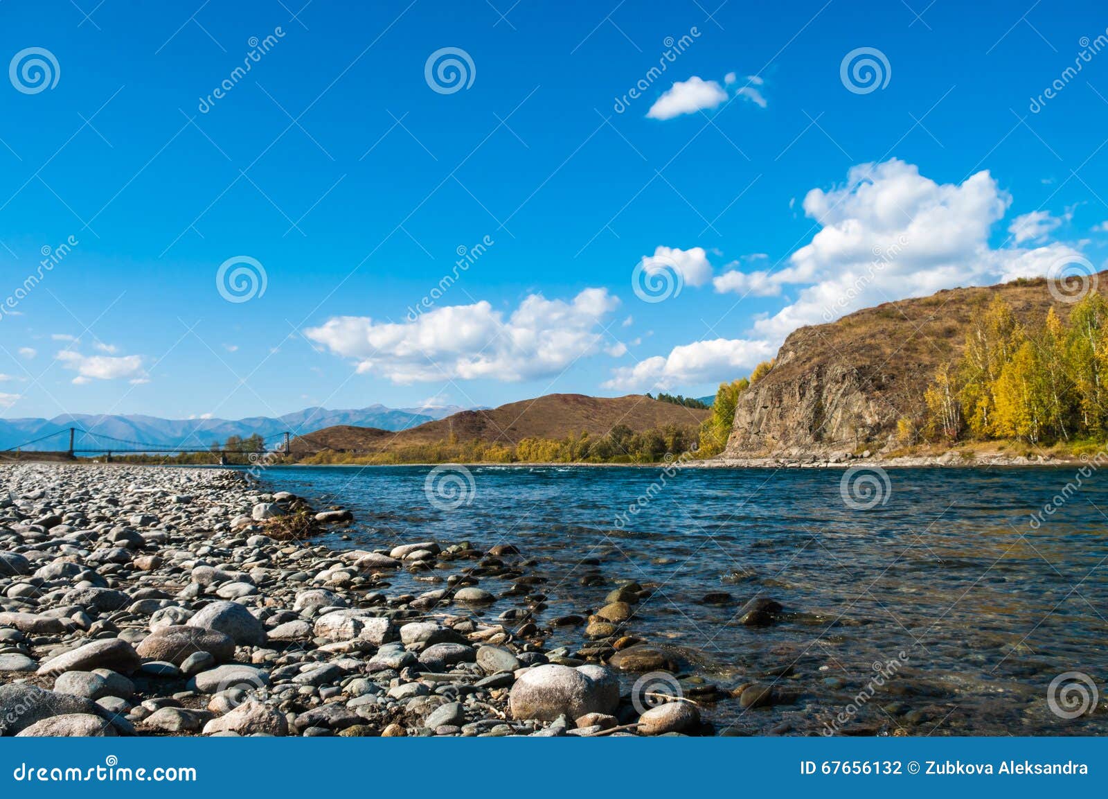 View of the Bridge Across Mountain River with Stony Shore Stock Photo ...