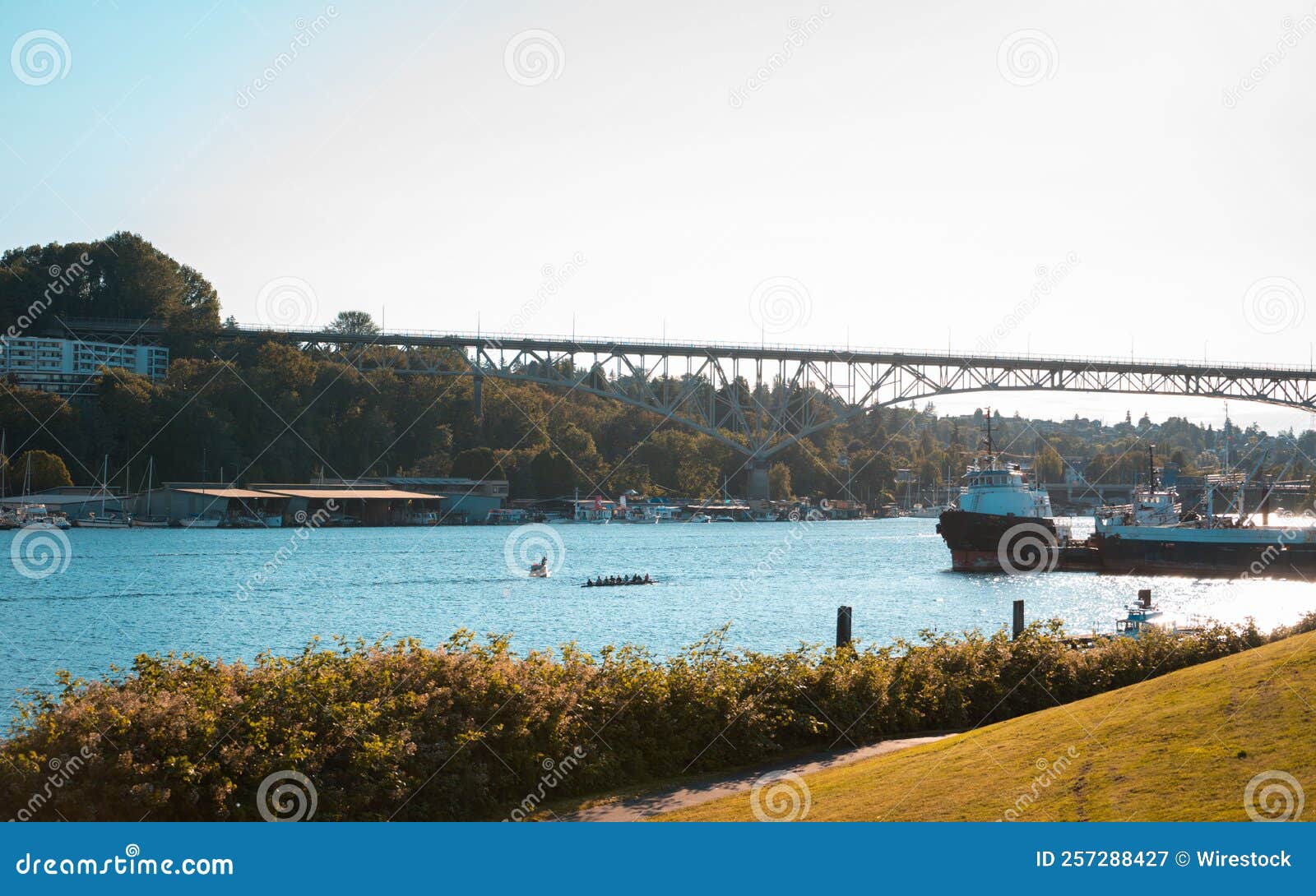 View of the Bridge and a Docked Ship. Seattle, Washington Stock Image ...