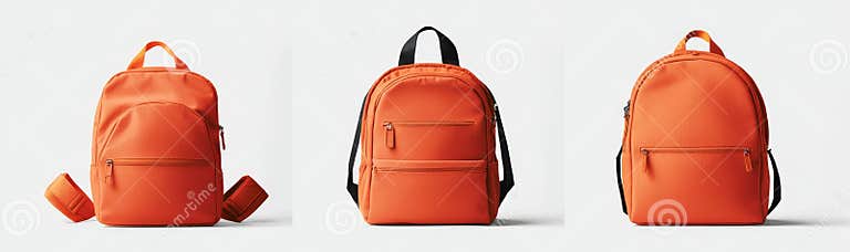 View of Bright Orange Backpack on White from Different Angles Stock ...