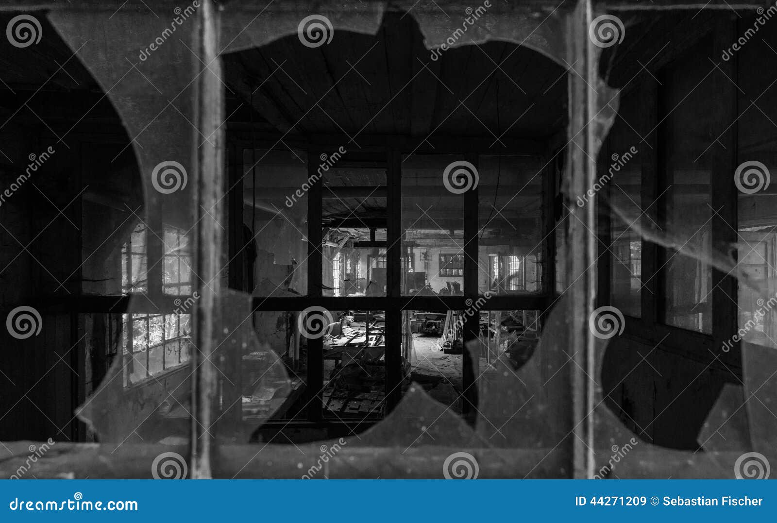 View through Broken Windows Stock Image - Image of industrial, glass ...