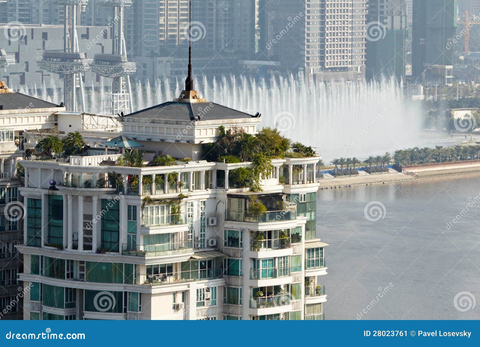 View on Building beside River Stock Image - Image of fountain ...
