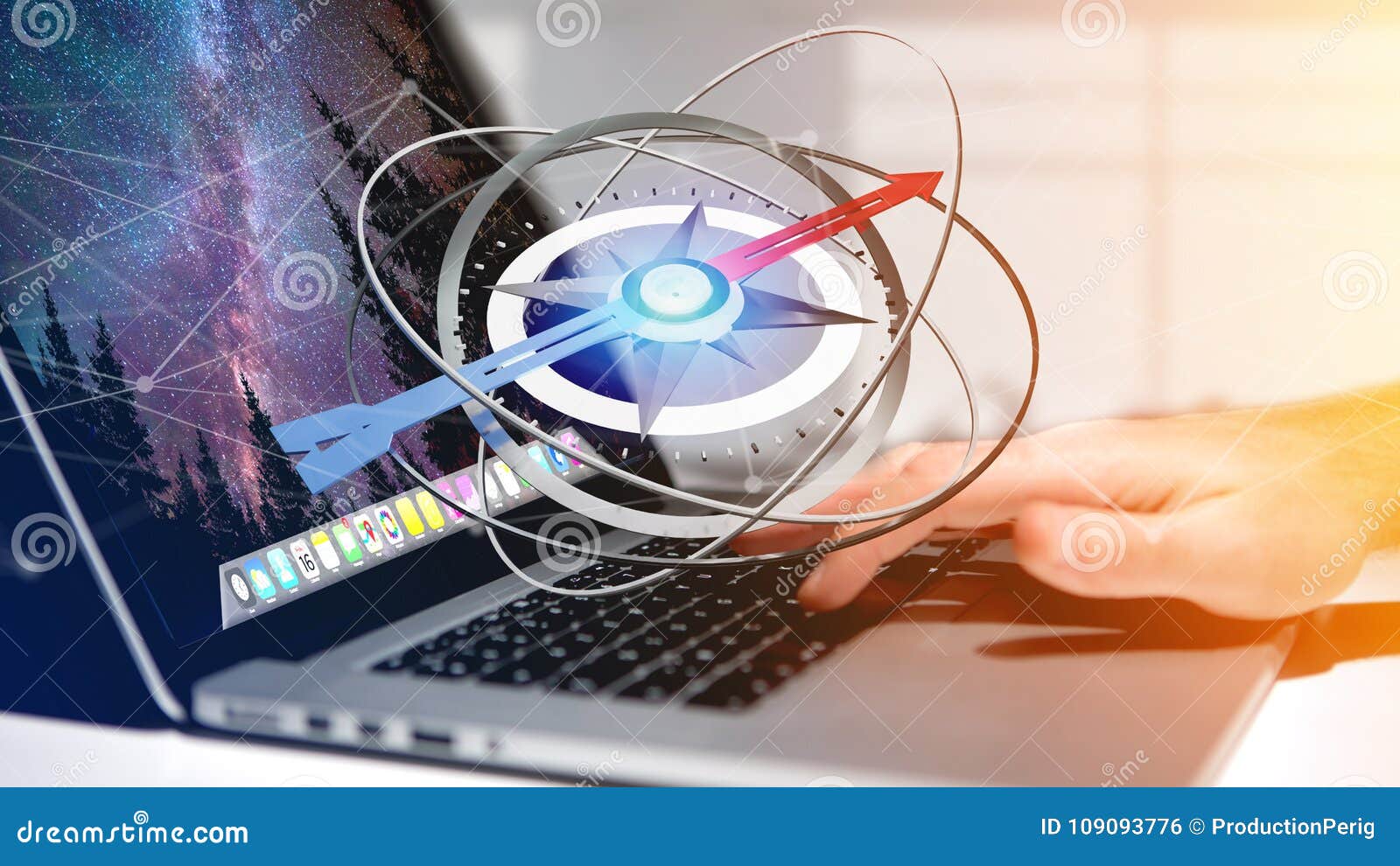 Business Man Using a Navigation Compass on a Laptop - 3d Rendered Stock ...