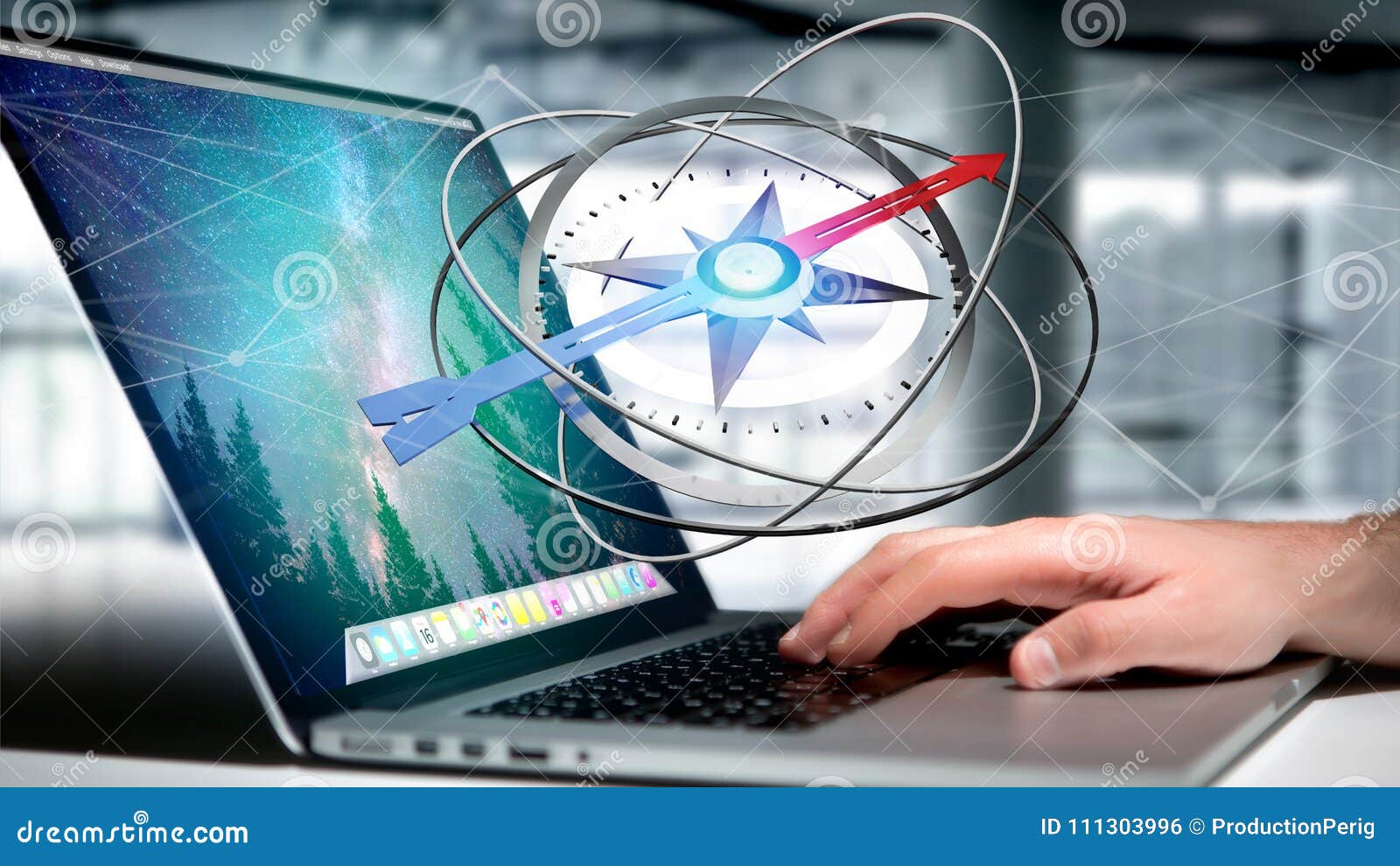 Business Man Using a Navigation Compass on a Laptop - 3d Rendered Stock ...