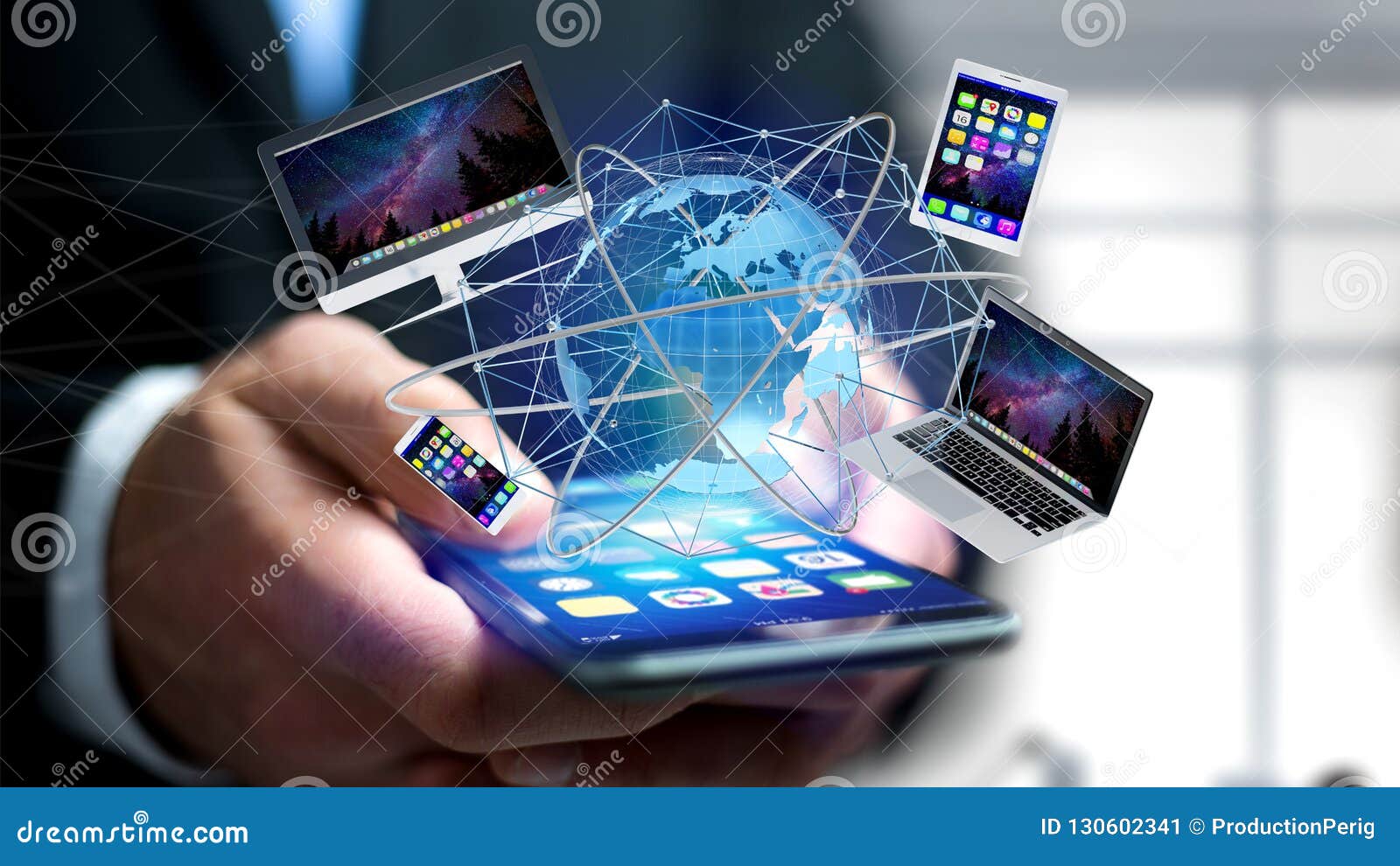 View of a Businessman Holding a Computer and Devices Displayed O Stock ...