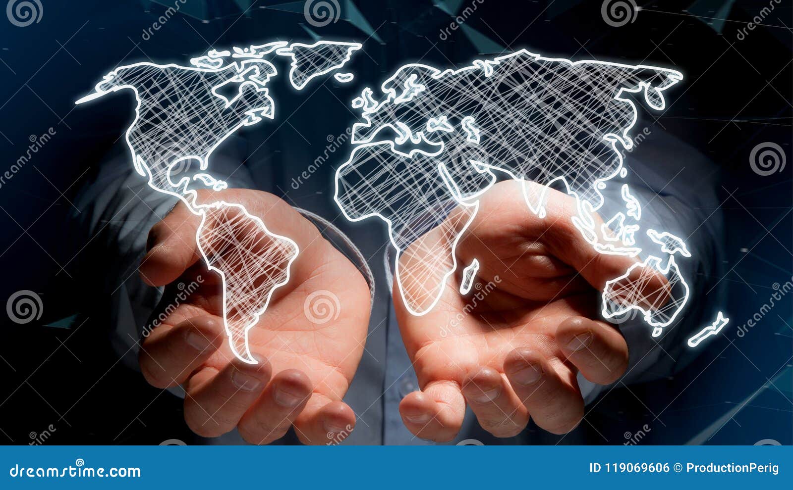 Businessman Holding a Hand Drawn World Map on a Futuristic Inter Stock ...