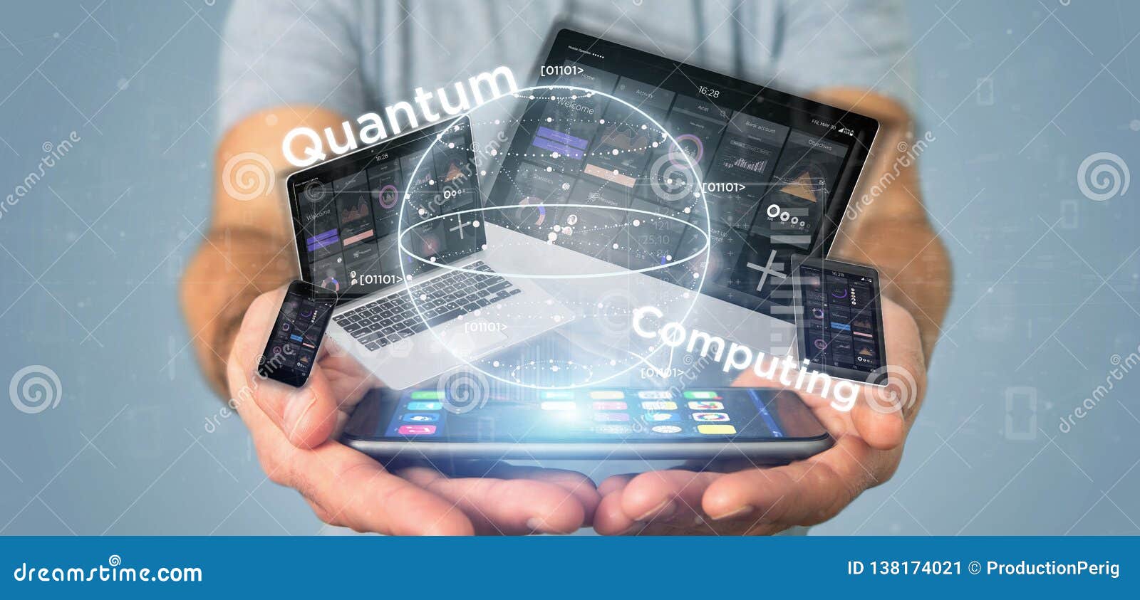 Businessman Holding Quantum Computing Concept with Qubit and Devices 3d ...