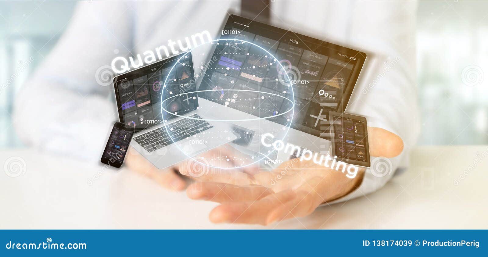 Businessman Holding Quantum Computing Concept with Qubit and Devices 3d ...