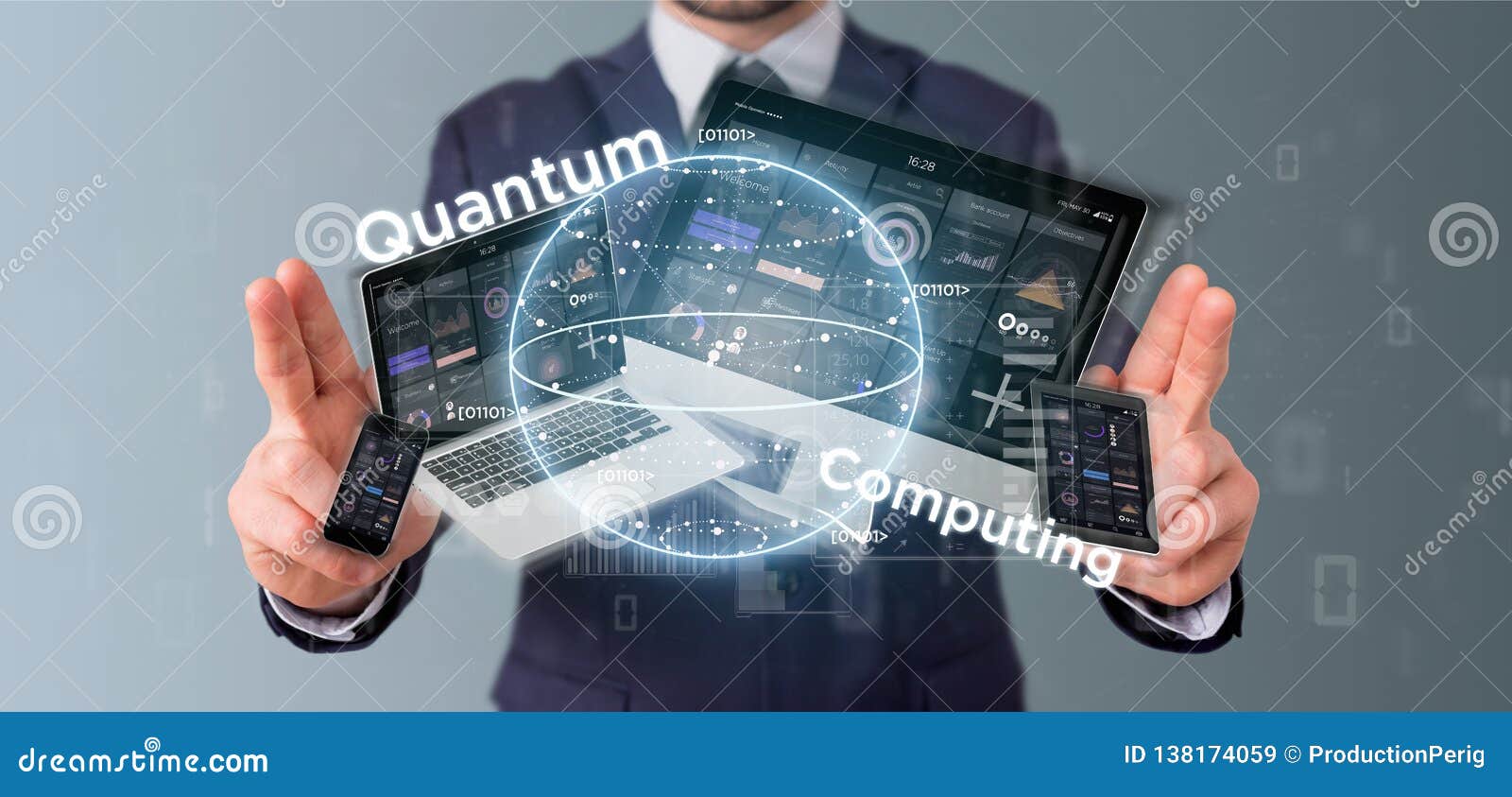 Businessman Holding Quantum Computing Concept with Qubit and Devices 3d ...