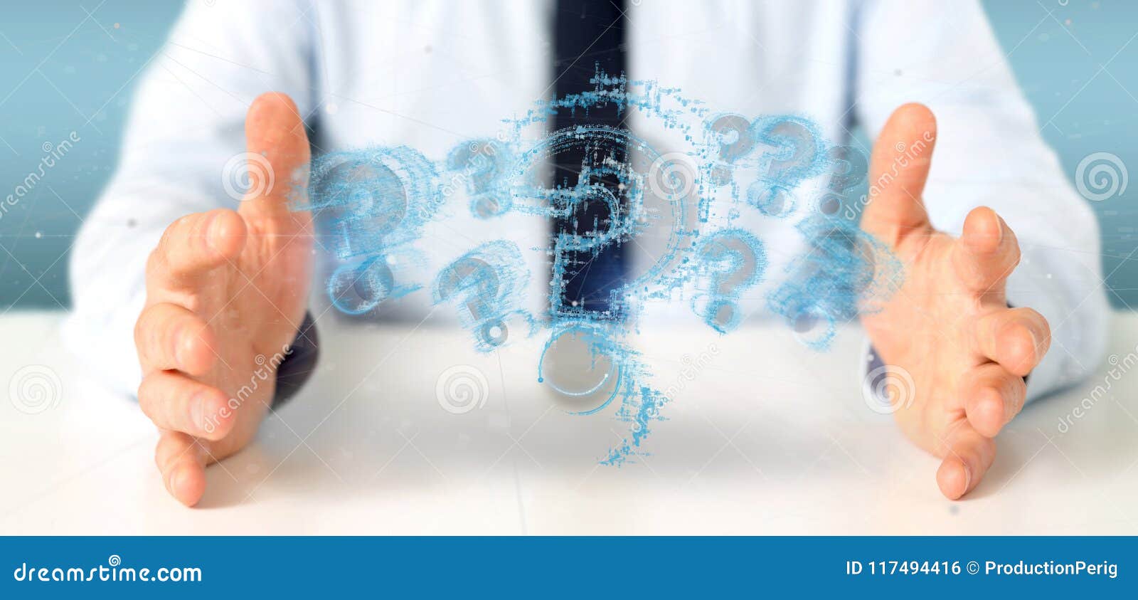 Businessman Holding a Question Mark Stock Photo - Image of blue, sign ...