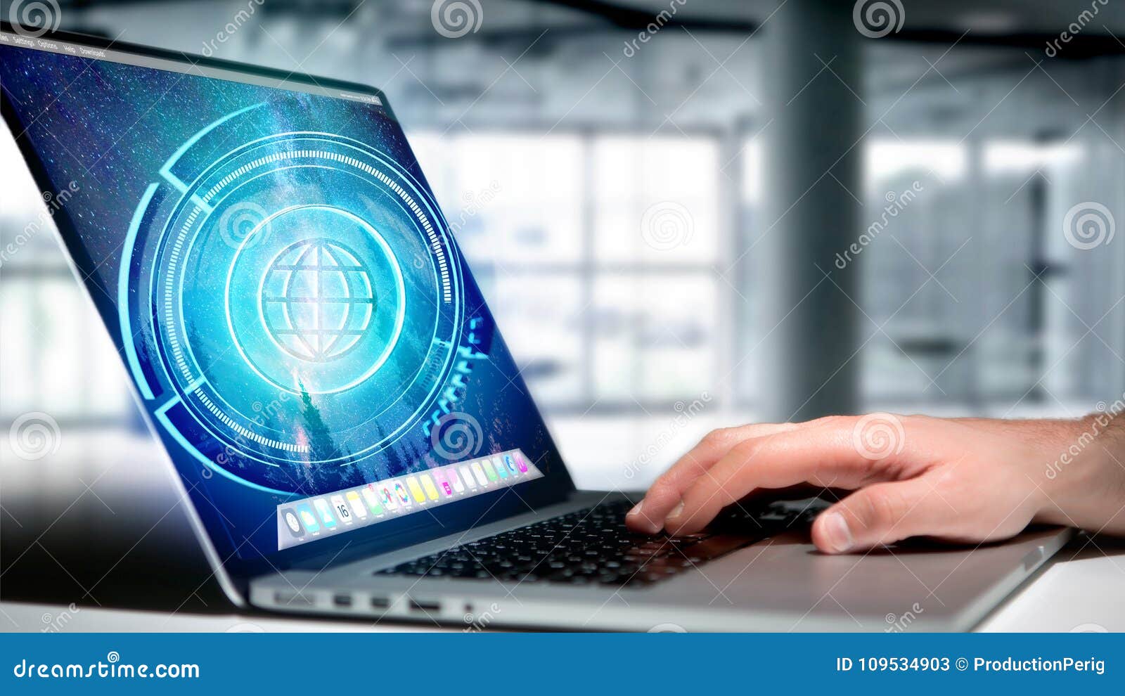 Businessman Holding a Shinny Technologic Globe Button - 3d Render Stock ...