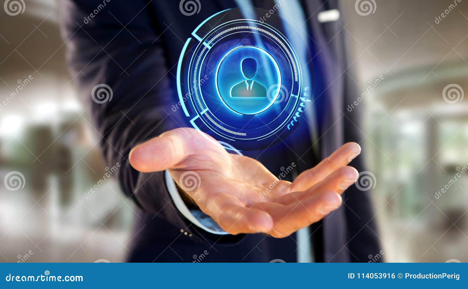 Businessman Holding a Shinny Technologic Network Contact Button Stock ...