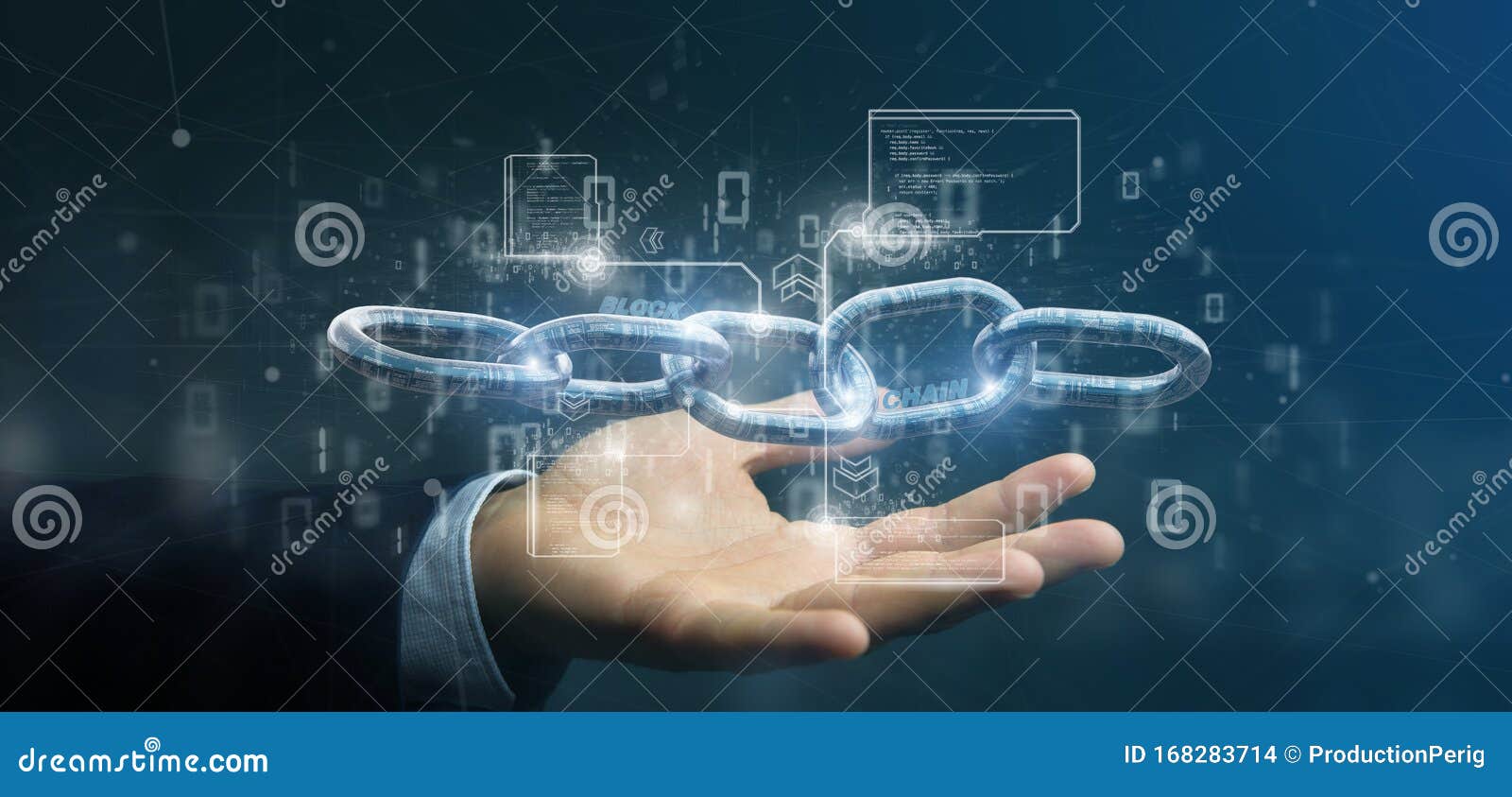 Businessman Holding a Virtual Blockcahin with Data - 3d Rendering Stock ...