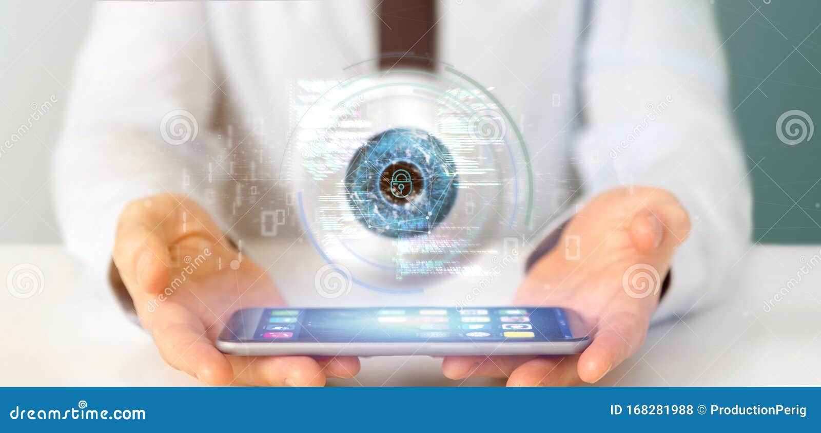 Businessman Holding a Visual Recognition Eye Concept with Data - 3d ...