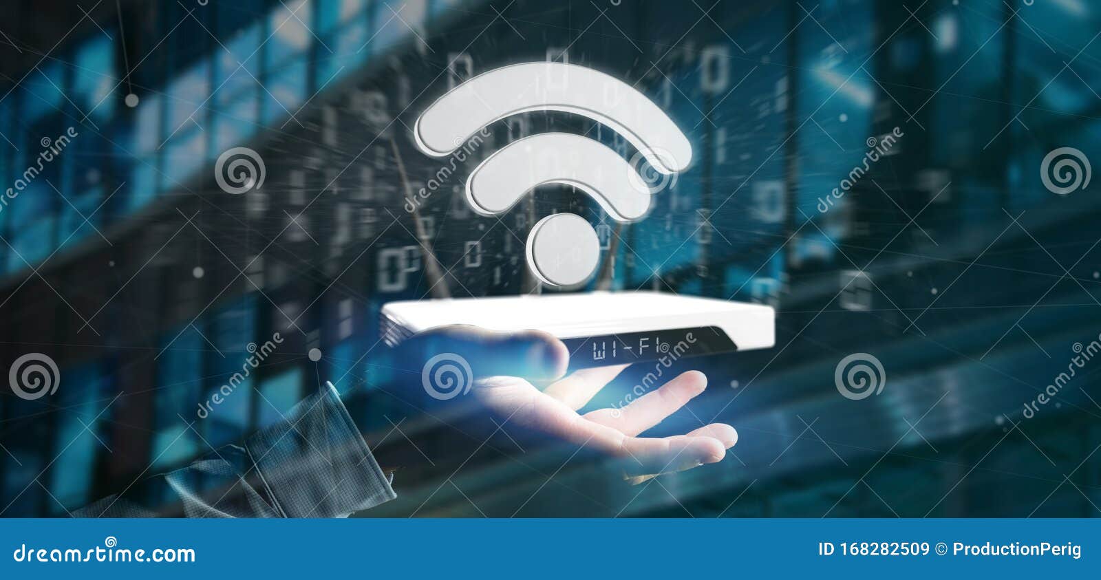 Businessman Holding a Wifi Router and Data - 3d Rendering Stock Image ...