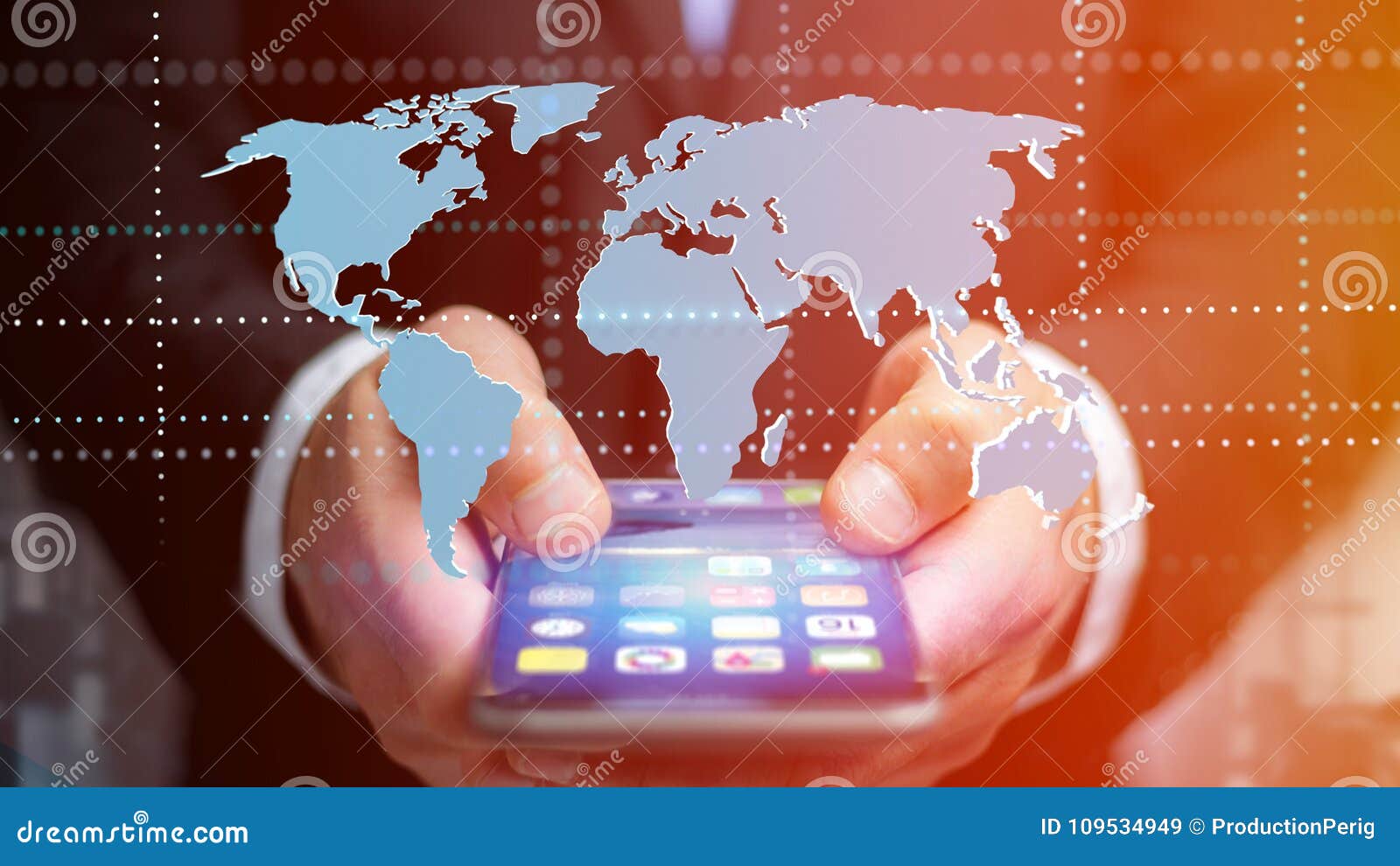 Businessman Using a Smartphone with a Connected World Map - 3d R Stock ...