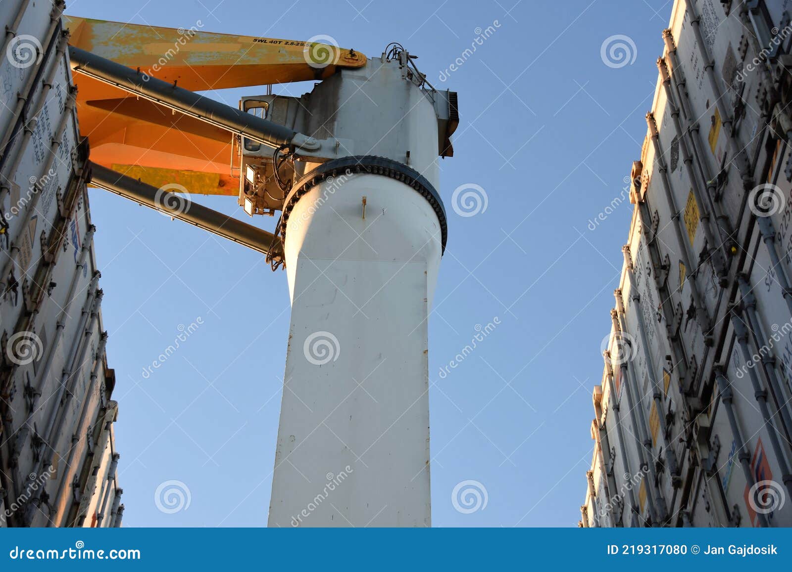 View on Cabin of the Ship Crane in Gap between Rows of White Colors ...