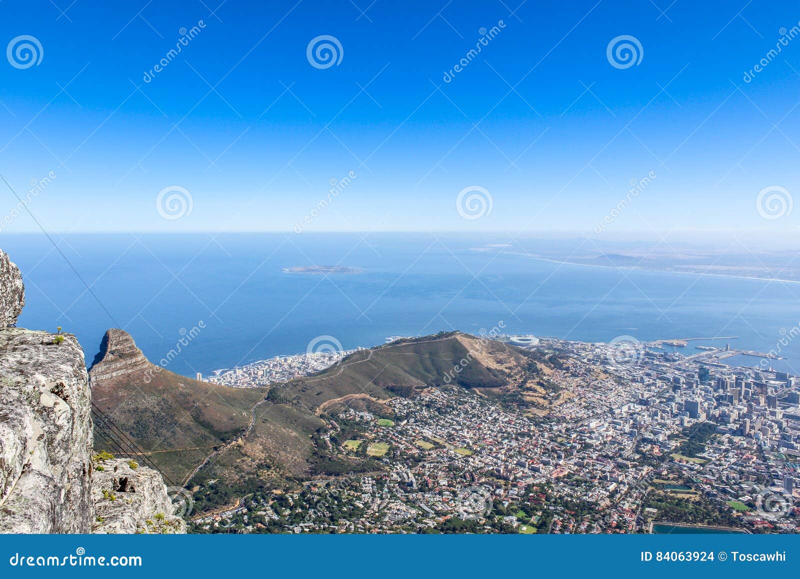 View of Cape Town and Robben Island from Table Mountain Stock Photo ...
