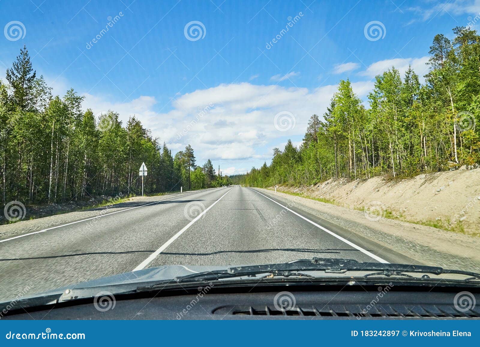 View from Car Window on the Road and Landscape with Forest, Tees, and ...