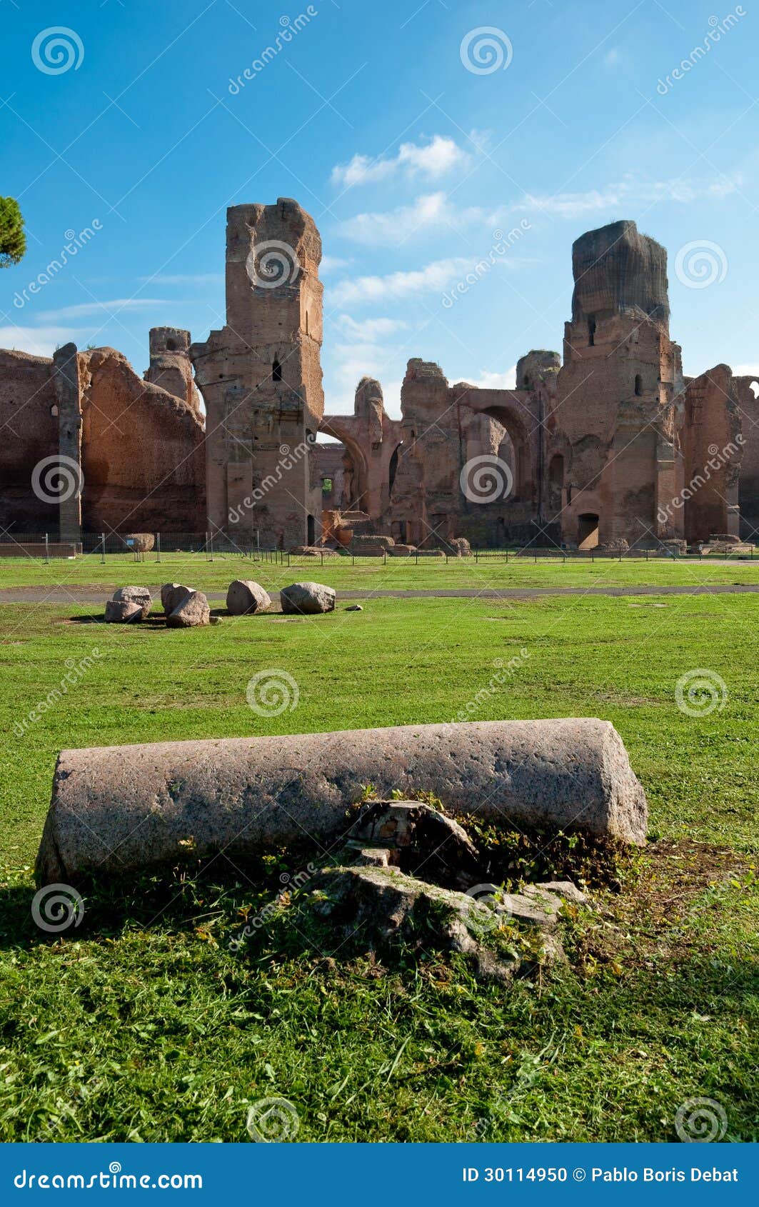 View of Caracalla Springs Ruins from Grounds with Column at Rome Stock ...