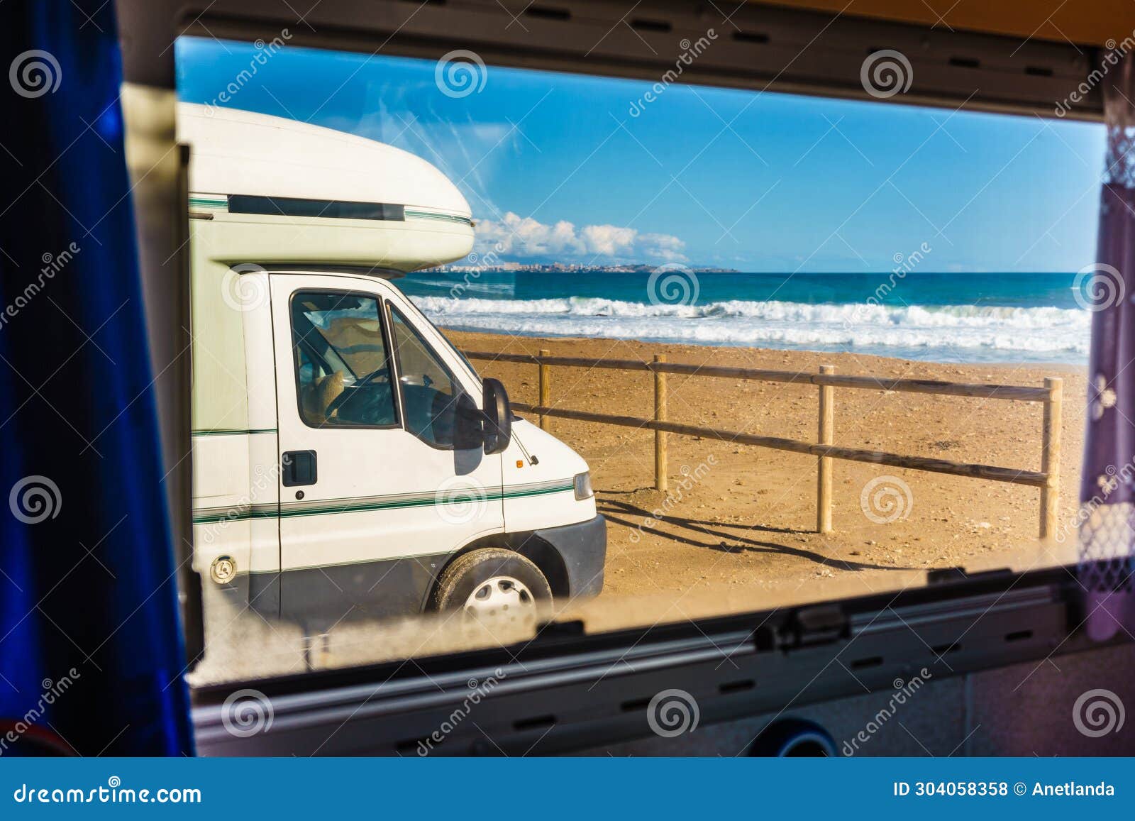 View from Caravan Inside on Camper on Beach Stock Photo - Image of ...